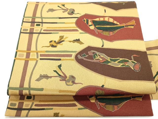 平和屋着物●全通柄九寸名古屋帯　型染め　成り物魚間道　金彩　鬼しぼ縮緬　正絹　逸品　DAAY0399ob