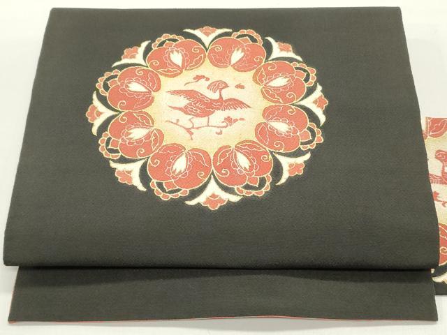 平和屋着物●九寸名古屋帯　正倉院更紗花唐草鳳凰文　黒地　金彩　鬼しぼ縮緬　正絹　逸品　未使用　DAAY0404ob