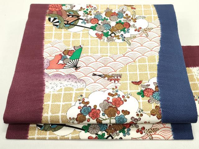 平和屋着物●全通柄九寸名古屋帯　型染め　雲取り青海波御所車花文　金彩　鬼しぼ縮緬　正絹　逸品　未使用　DAAY0409ob