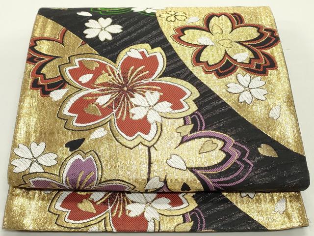 平和屋着物●六通柄袋帯　唐織　舞桜文　黒地　金糸　正絹　逸品　DAAY0411ob