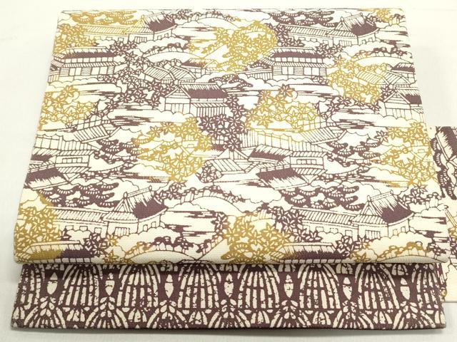 平和屋着物●九寸名古屋帯　型染め　風景文　鬼しぼ縮緬　正絹　逸品　DAAY0416ob