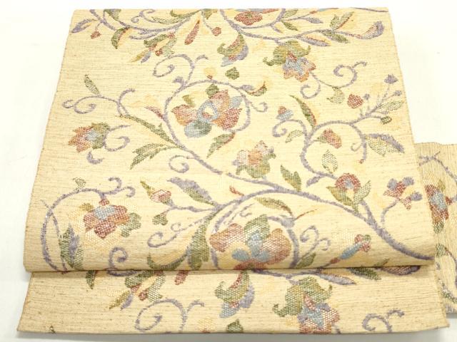 平和屋着物●八寸名古屋帯　紬地　更紗花唐草文　正絹　逸品　DAAY0422ob