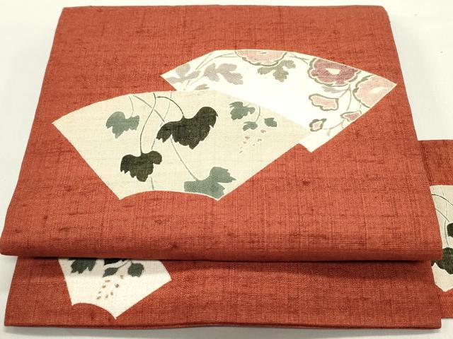 平和屋着物●九寸名古屋帯　生紬　地紙重ね蔦の葉花文　正絹　逸品　DAAY0423ob