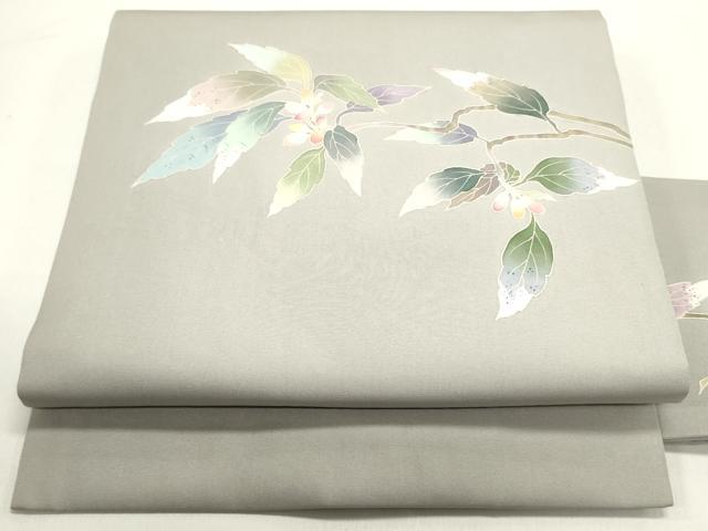 平和屋着物●塩瀬　九寸名古屋帯　友禅　作家物　南天枝葉文　正絹　逸品　DAAY0424ob