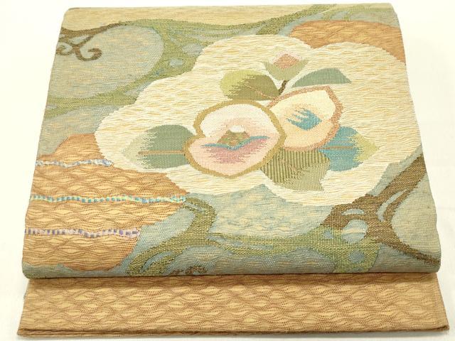 平和屋着物▽太鼓柄袋帯　スリーシーズン　春夏秋　すくい織　流水草花文　銀糸　正絹　逸品　DAAY0430ob