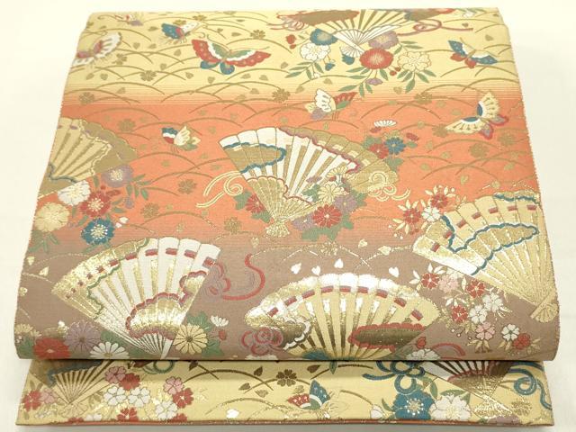 平和屋着物●本場筑前博多織　草木染　手織工房　染匠：小森久　両面　全通柄袋帯　桃山小袖　檜扇舞蝶花文　金糸　正絹　逸品　DAAY0438ob