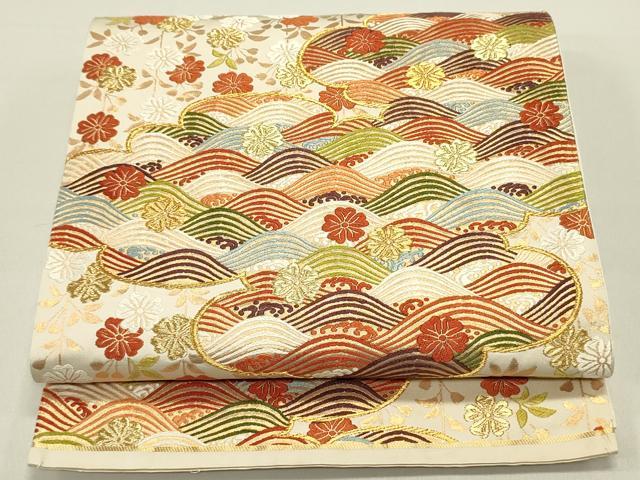 平和屋着物●西陣　河合美術織物謹製　六通柄袋帯　唐織　立波青海波舞桜文　金糸　正絹　逸品　DAAY0450ob