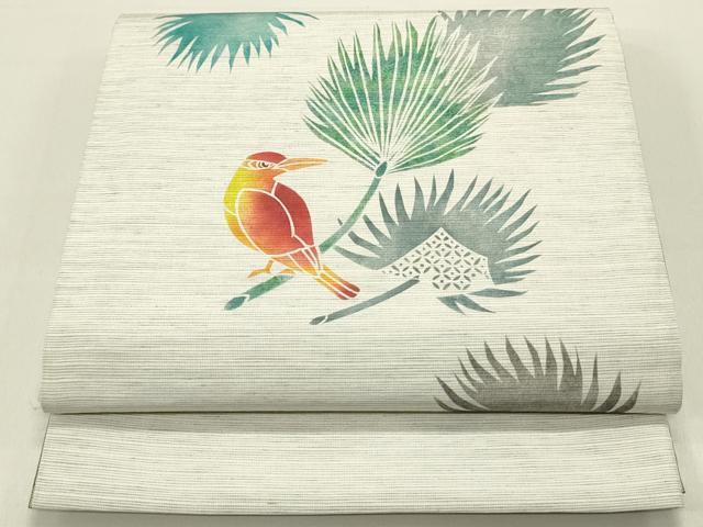 平和屋着物●両面　太鼓柄袋帯　紬地　型染め　休み鳥葉文　正絹　逸品　DAAY0451ob