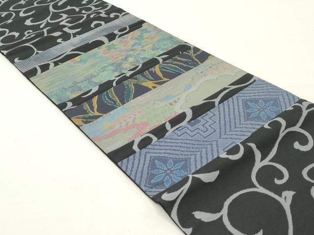 平和屋着物●六通柄袋帯　本場大島紬地　切嵌　花唐草横段文　黒地　さが美扱い　正絹　逸品　DAAY0476ob