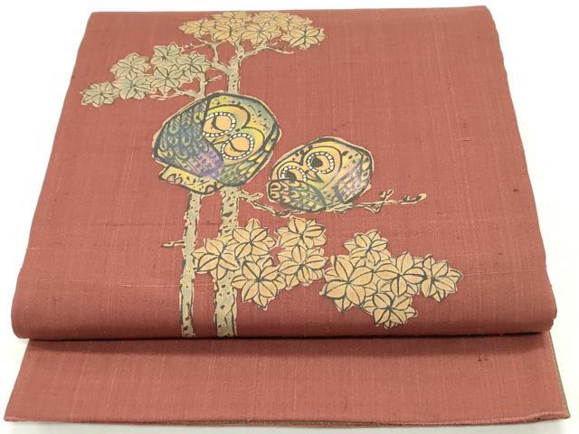 平和屋着物●太鼓柄袋帯　生紬　型染め　梟　正絹　逸品　未使用　DAAY0480ob