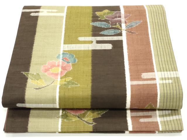 平和屋着物●小千谷紬　両面　全通柄袋帯　草花エ霞間道　正絹　逸品　DAAY0496ob