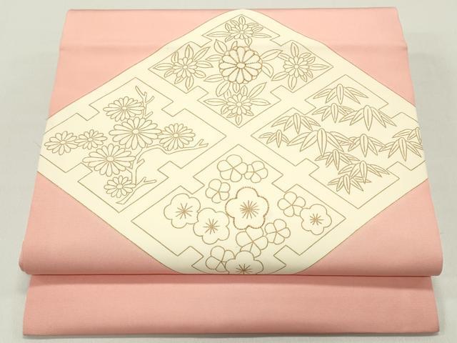 平和屋着物●塩瀬　九寸名古屋帯　駒刺繍　花菱文　金彩　正絹　逸品　DAAY0503ob