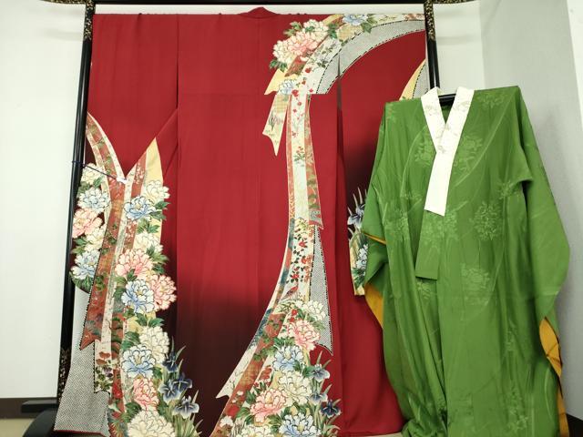 平和屋着物●豪華振袖　長襦袢(無双仕立て・半衿刺繍)セット　手描き　花鳥熨斗文　暈し染め　金彩　正絹　逸品　DAAY1006ps