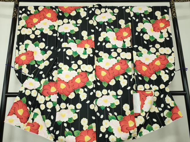 平和屋着物●二尺袖　小振袖　舞桜　椿　黒地　洗える着物　逸品　新品　DAAY1015ps