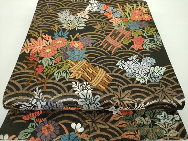 平和屋着物●六通柄袋帯　能衣唐織　紫差秋花文　黒地　漆箔　金糸　正絹　逸品　DAAY1157ps