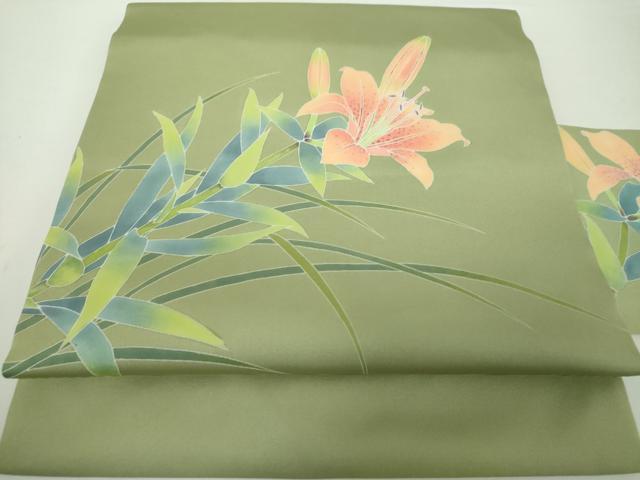 平和屋着物●塩瀬　九寸名古屋帯　友禅　オニユリ　正絹　逸品　DAAY1168ps