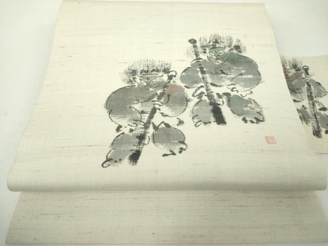 平和屋着物●九寸名古屋帯　作家物　紬地　手描き　赤鬼　青鬼　正絹　逸品　DAAY1180ps