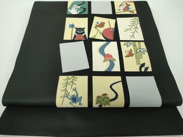 平和屋着物●八寸名古屋帯　日本昔話　黒地　正絹　逸品　DAAY1195ps