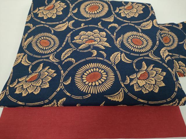 平和屋着物●九寸名古屋帯　紬地　型染　更紗花文　正絹　逸品　DAAY1211ps