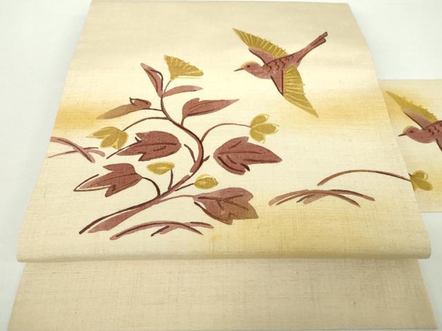 平和屋着物●九寸名古屋帯　紬地　刺繍　花鳥文　金彩　正絹　逸品　未使用　DAAY1222ps