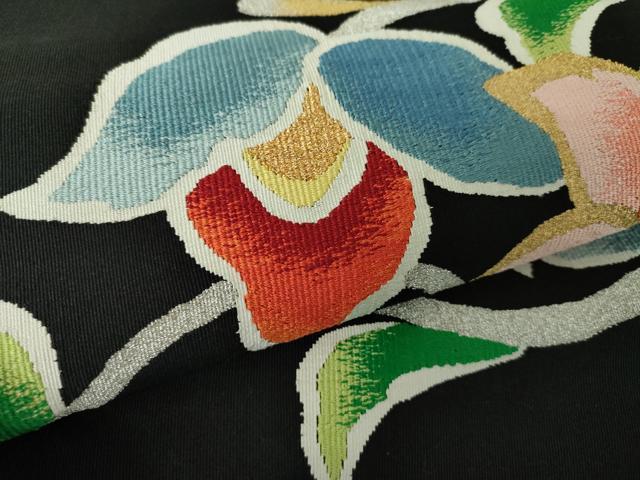 平和屋着物○爪掻き本綴れ 八寸名古屋帯 更紗花文 黒地