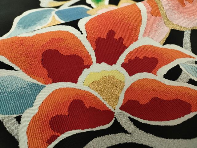 平和屋着物○爪掻き本綴れ 八寸名古屋帯 更紗花文 黒地