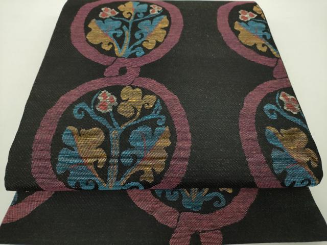 平和屋着物●織物一筋名門　織悦　全通柄　本袋帯　紬地　草花文　黒地　正絹　逸品　DAAY1245ps