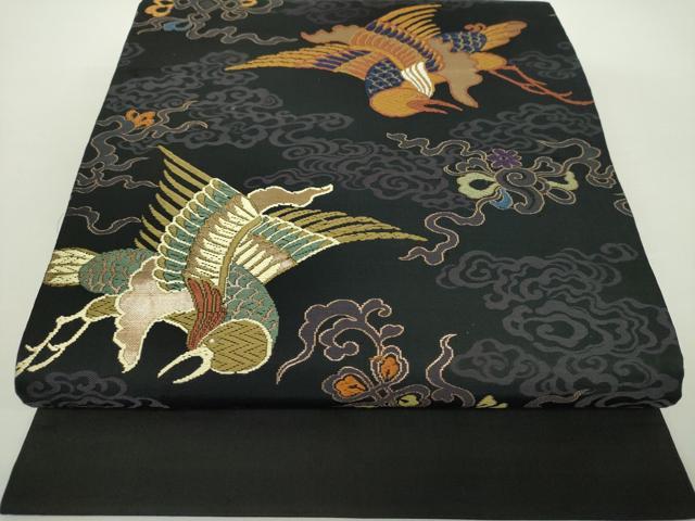 平和屋着物●アンティーク　大正ロマン　丸帯　引き抜き帯　唐織　花鳥文　黒地　金糸　正絹　逸品　DAAY1258ps