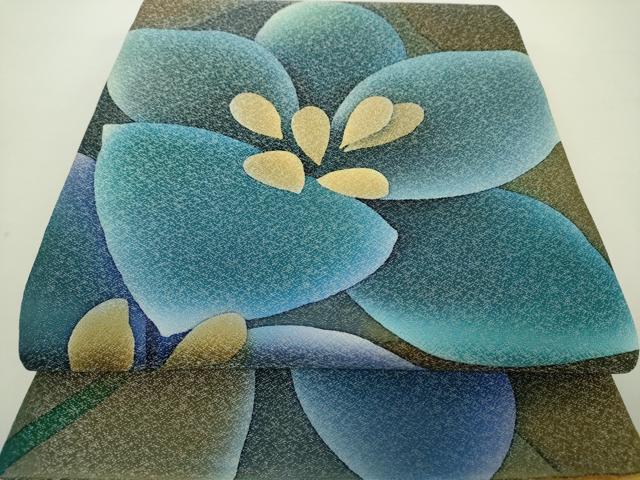 平和屋着物●全通柄袋帯　作家物　大輪の花　銀通し地　正絹　逸品　DAAY1259ps