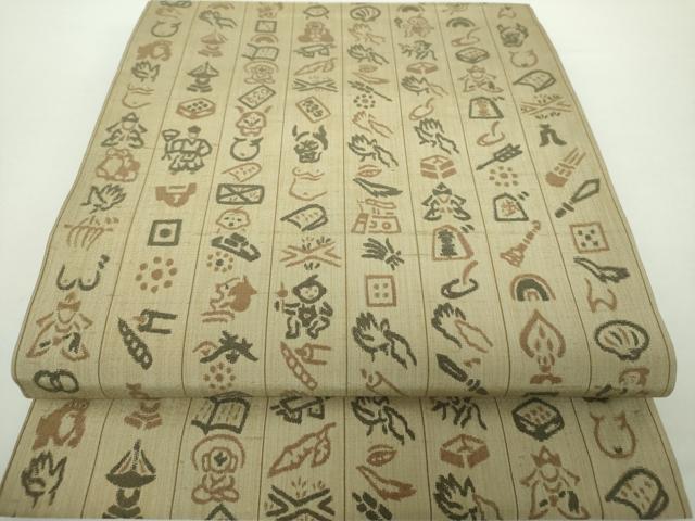 平和屋着物●九寸開き名古屋帯　紬地　人物鳥獣間道　正絹　逸品　DAAY1282ps