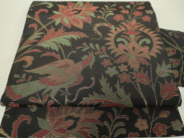 平和屋着物●九寸名古屋帯　更紗花鳥文　黒地　金糸　正絹　逸品　DAAY1288ps