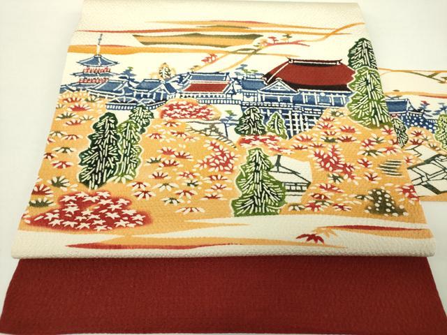 平和屋着物●和染紅型　栗山紅型　栗山吉三郎　九寸名古屋帯　風景花文　鬼しぼ縮緬　正絹　逸品　DAAY1289ps