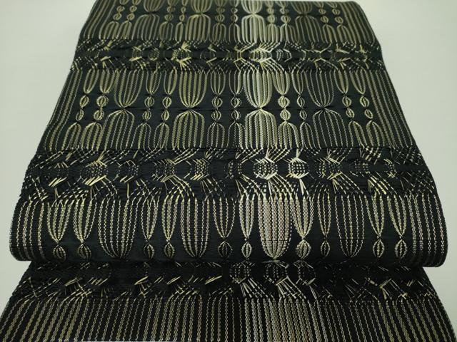 平和屋着物●六通柄袋帯　もじり織　変わり間道　黒地　金糸　正絹　逸品　DAAY1359ps
