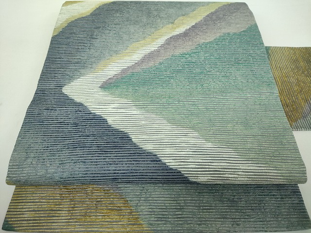 平和屋着物●九寸名古屋帯　霞菱文　銀通し地　正絹　逸品　DAAY1374ps