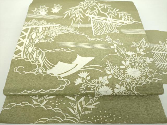 平和屋着物●九寸名古屋帯　雲取り几帳花文　鬼しぼ縮緬　正絹　逸品　DAAY1377ps