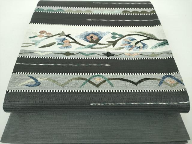 平和屋着物●太鼓柄袋帯　すくい織　横段更紗花文　正絹　逸品　未使用　DAAY1564ps