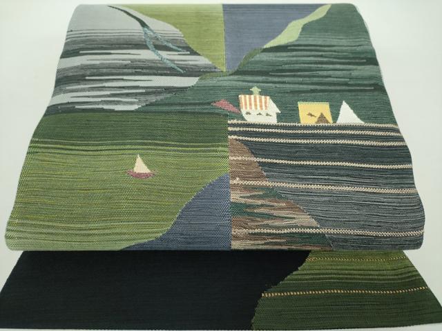 平和屋着物●両面　太鼓柄袋帯　すくい織　風景文　正絹　逸品　未使用　DAAY1570ps