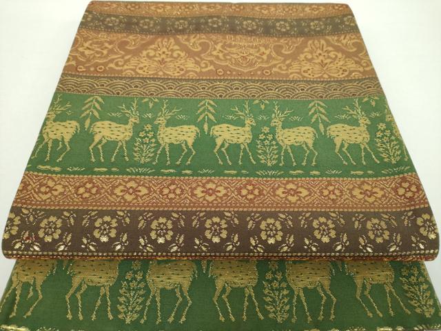 平和屋着物●六通柄袋帯　横段鹿花文　金糸　正絹　逸品　DAAY1586ps