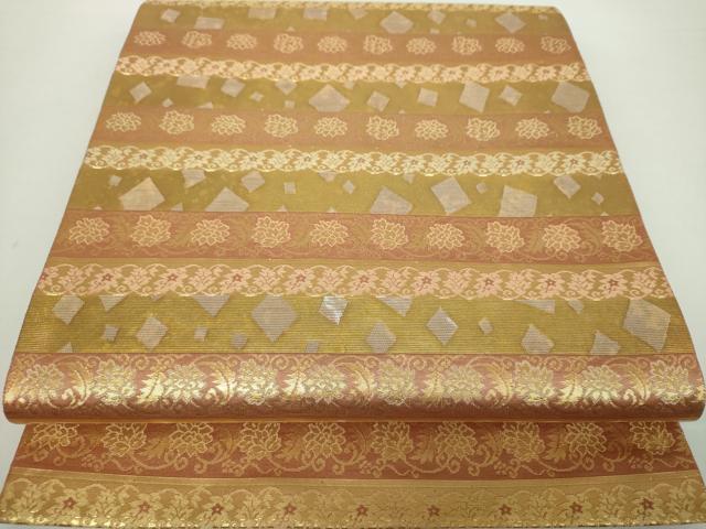 平和屋着物●西陣織　陰山織物謹製　箔屋清兵衛　六通柄袋帯　螺鈿箔　横段花文　金糸　正絹　逸品　未使用　DAAY1587ps