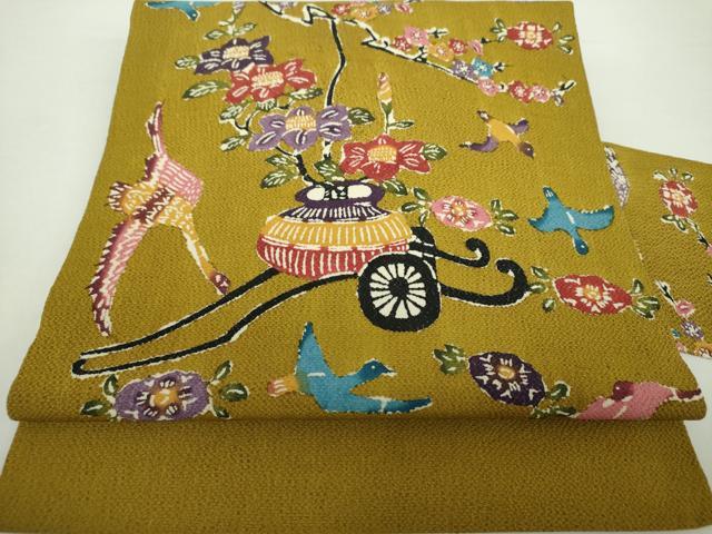 平和屋着物●九寸名古屋帯　型染　花鳥車文　鬼しぼ縮緬　正絹　逸品　DAAY1625ps