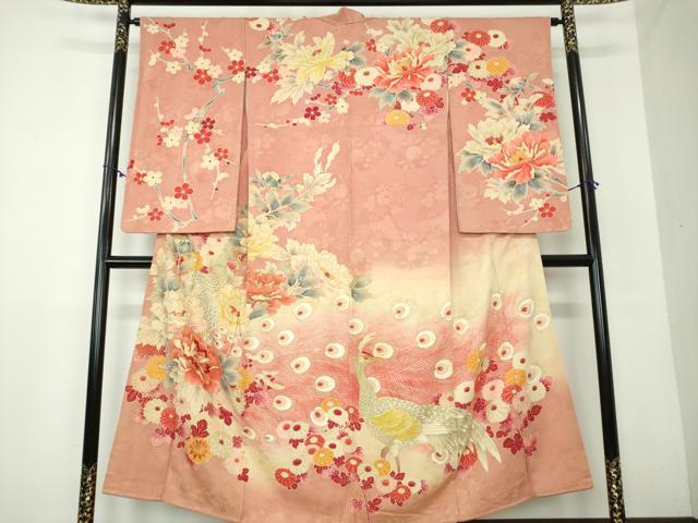 平和屋着物●セミアンティーク　訪問着　駒刺繍　孔雀花文　暈し染め　金彩　正絹　逸品　DAAY1722ps