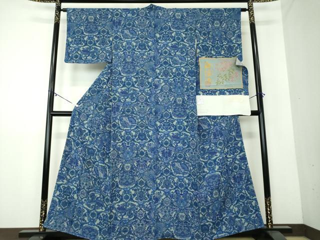 平和屋着物●上質な小紋　白檀染　鳳凰更紗花文　反端付き　正絹　逸品　未使用　DAAY1734ps