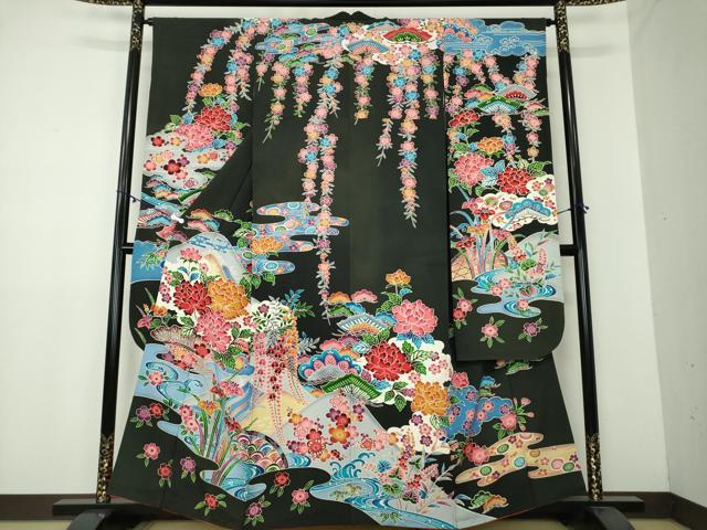 平和屋着物●豪華振袖　型染　流水吉祥花文　黒地　正絹　逸品　DAAY1757ps