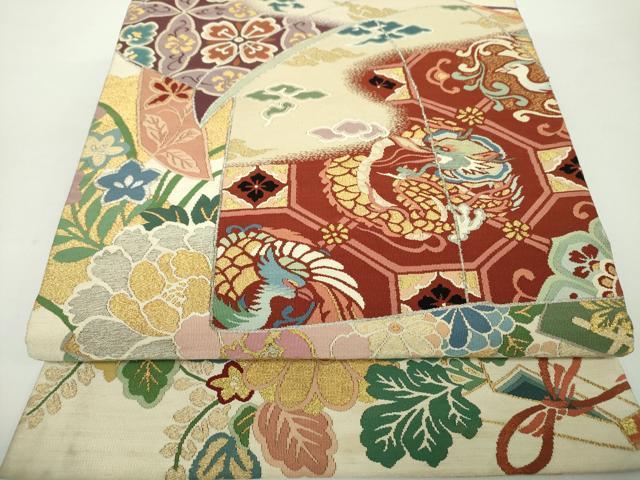 平和屋着物●アンティーク　大正ロマン　爪掻き本綴れ　丸帯　引き抜き帯　蜀江鳳凰花文　飛龍　金銀糸　正絹　逸品　DAAY1868ps