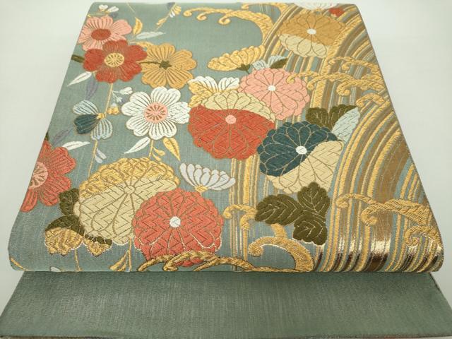 平和屋着物●両面　六通柄袋帯　唐織　立波花文　枝垂れ桜　金糸　正絹　逸品　DAAY1873ps