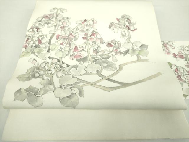 平和屋着物●塩瀬　九寸名古屋帯　手描き　枝花文　正絹　逸品　DAAY1935ps