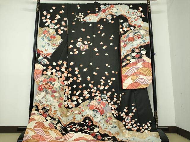 平和屋着物●豪華振袖　駒刺繍　立波飛鶴花丸文　黒地　金彩　正絹　逸品　DAAY1984ps