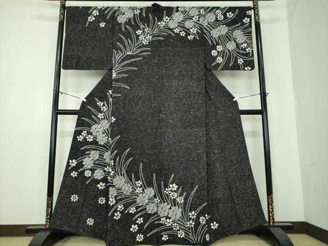 平和屋着物●訪問着　総絞り　草花文　黒地　たたき染め　正絹　逸品　DAAY1987ps