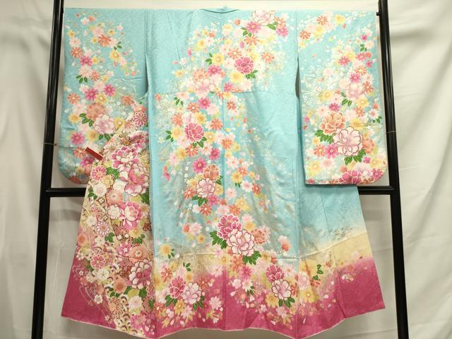 平和屋着物●小振袖　二尺袖　牡丹花文　暈し染め　金彩　正絹　逸品　DAAY2043op