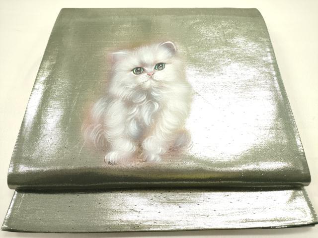 平和屋着物●太鼓柄袋帯　ネコ　猫　引箔　正絹　逸品　DAAY2631op
